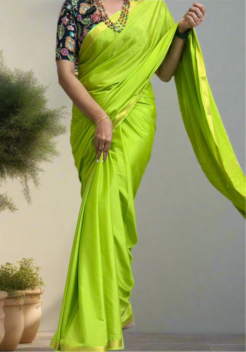Neon green semi mysore crepe plain saree – House of Raadhvi