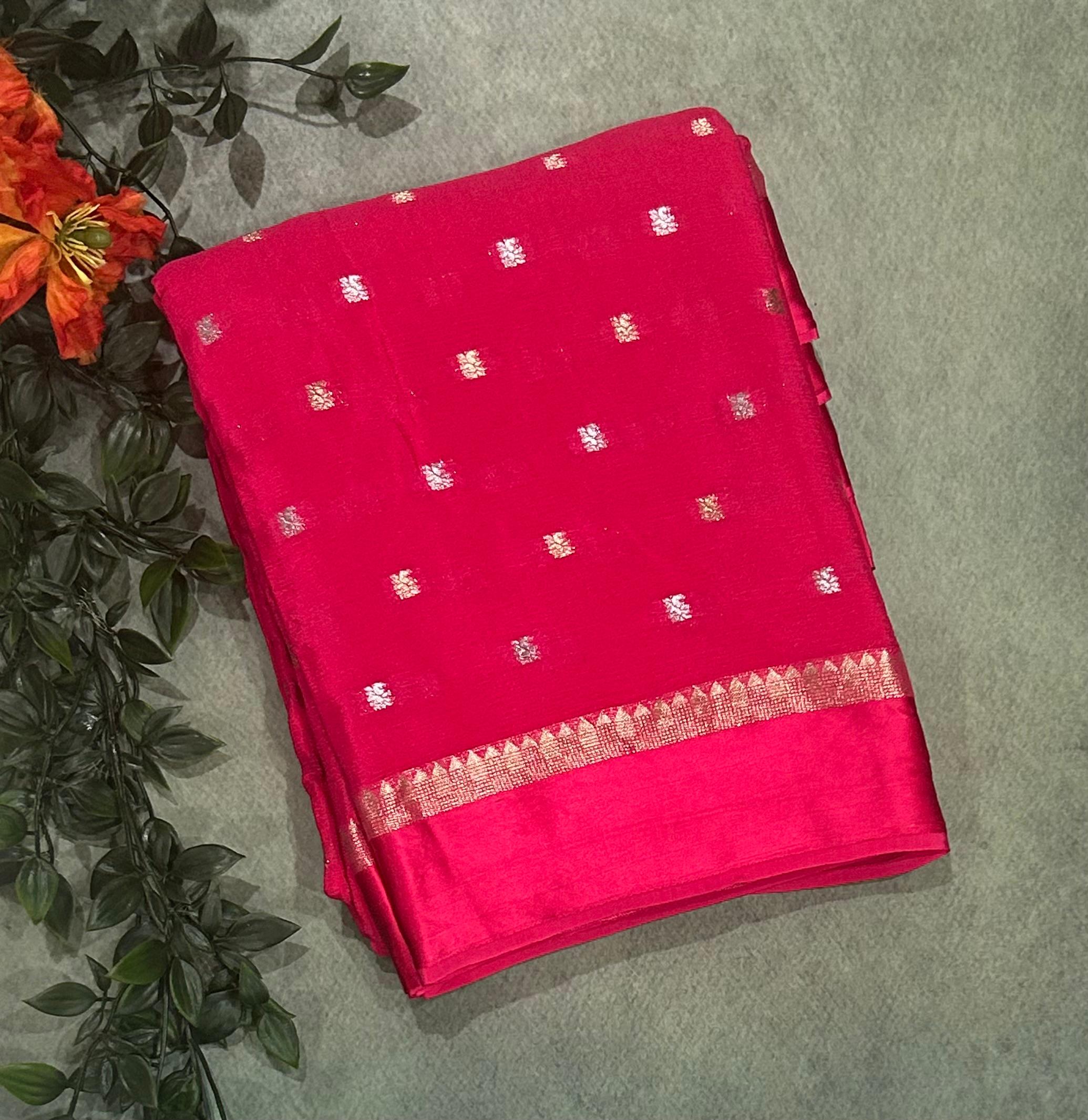 Rani pink contrast satin border chinnon-07 saree – House of Raadhvi