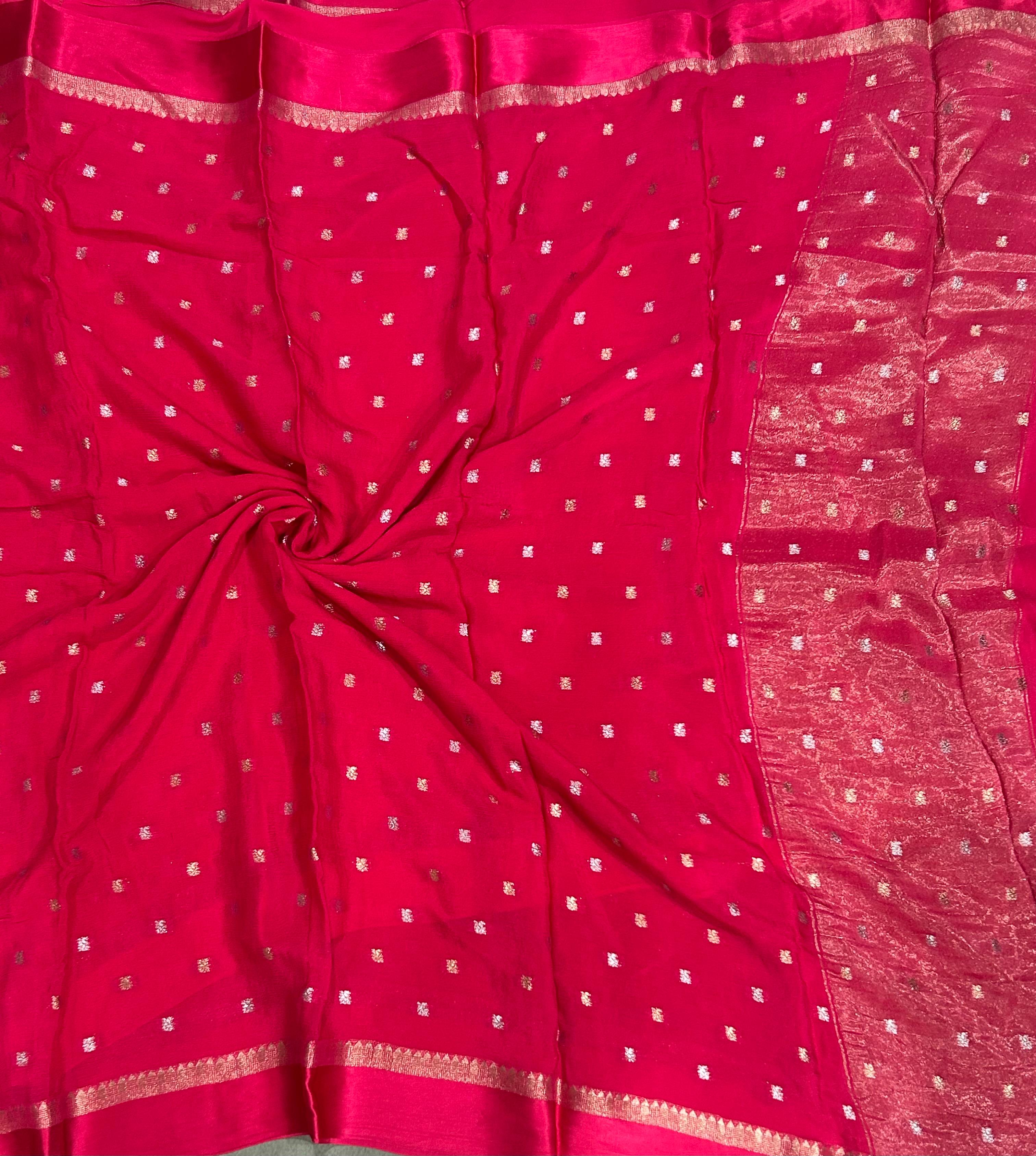 Rani pink contrast satin border chinnon-07 saree – House of Raadhvi