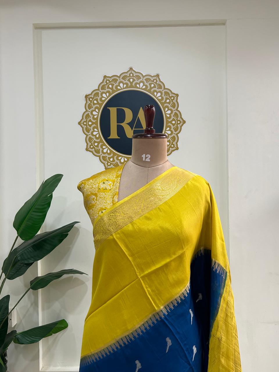 Lime yellow n peacock blue premium semi mysore-12 crepe saree – House ...