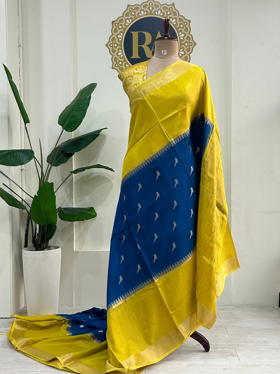 Lime yellow n peacock blue premium semi mysore-12 crepe saree – House ...