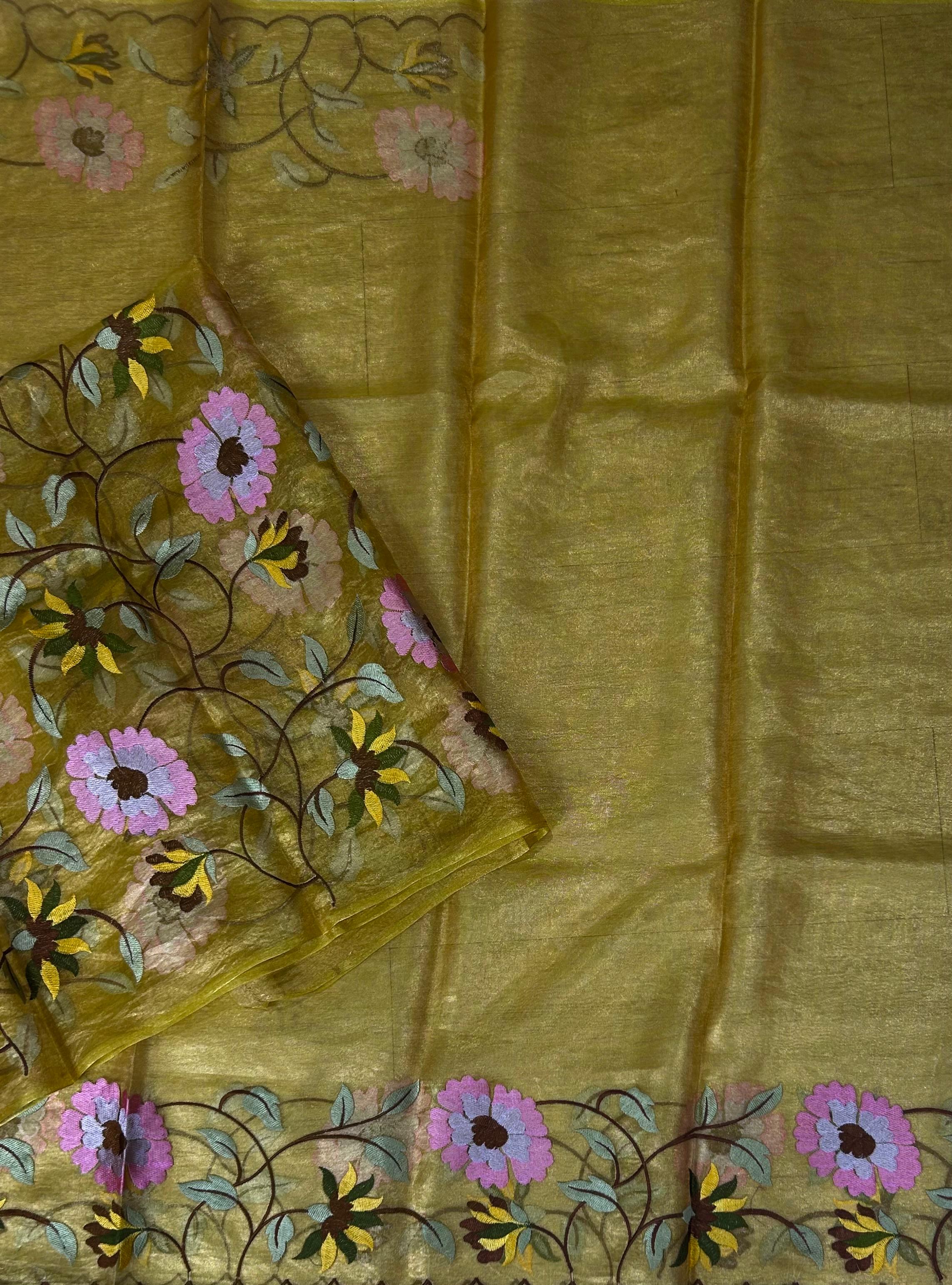 Yellow pure tissue embroidery work-101 saree – House of Raadhvi